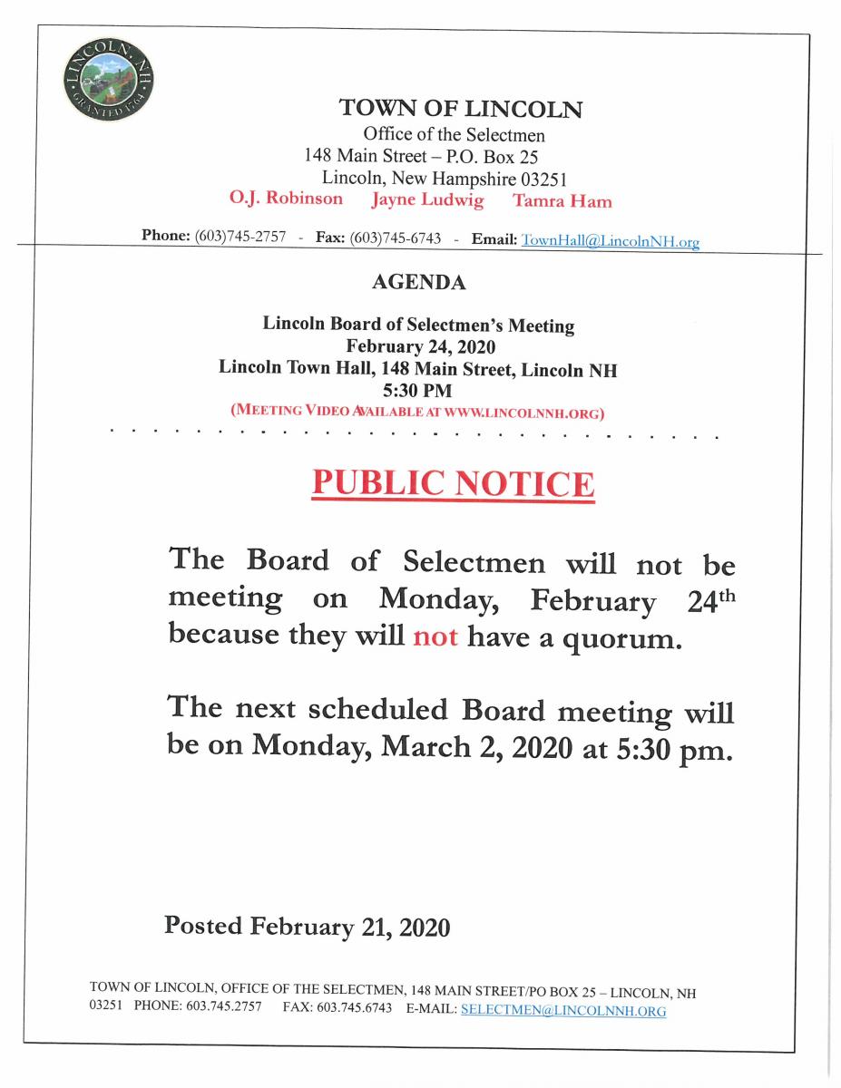 NOTICE OF MEETING CANCELLATION | Lincoln NH