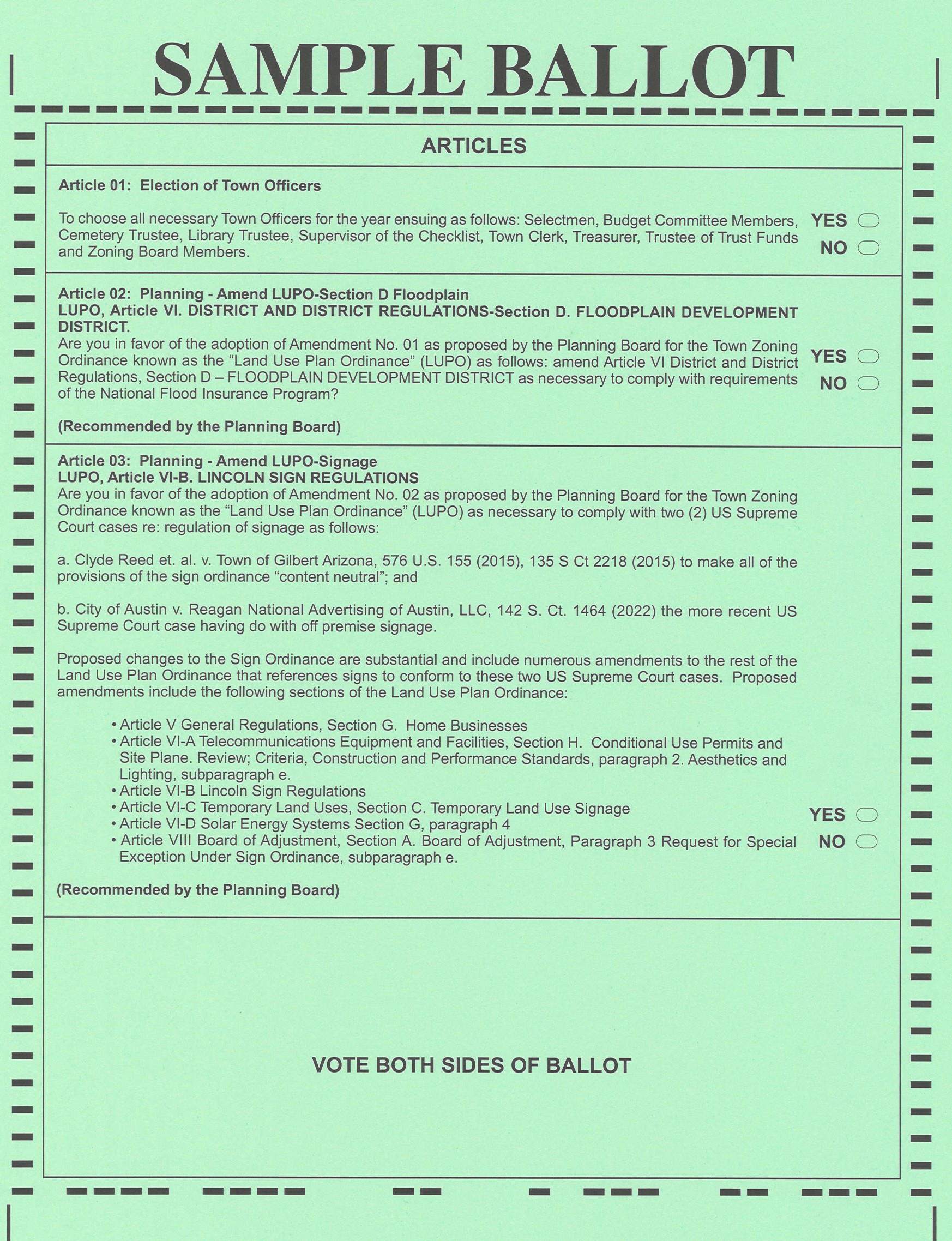 Town Election Sample Ballot | Lincoln NH